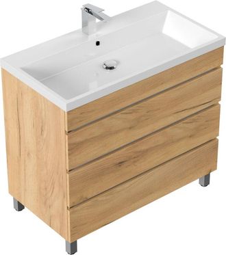 Magnolia Home Stand Badm&ouml;bel Via 90 SoftClose eiche gold mit drei grifflosen Schubladen