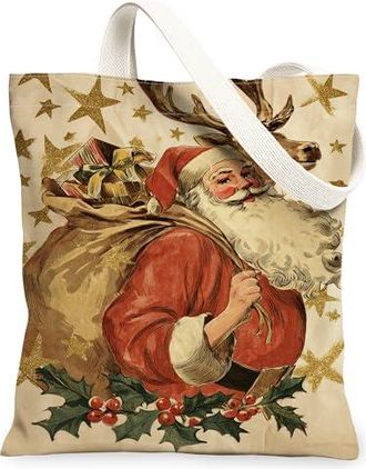 Generic Sacs fourre-tout vintage en toile motif P&egrave;re No&euml;l r&eacute;utilisables, sacs de courses festifs, r&eacute;tro l&eacute;gers et lavables en toile pour cadeau, voyage, plage