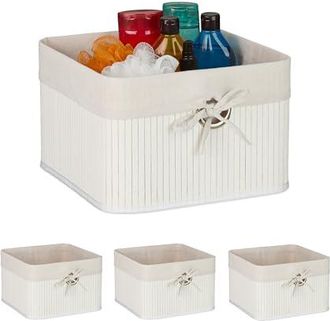 Relaxdays Aufbewahrungskorb 4er Set, Bambus, mit Stoffeinsatz, HBT: 20x31x31 cm, Körbchen mit Griffloch, Regalkorb, weiß