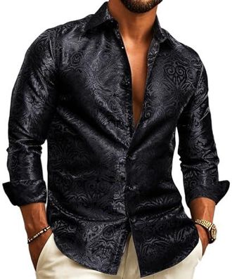 Barry.Wang Chemise habill&eacute;e pour homme en soie cachemire &agrave; manches longues boutonn&eacute;e grande et grande chemise tendance loisirs f&ecirc;te de mariage bal, Imprim&eacute; cache