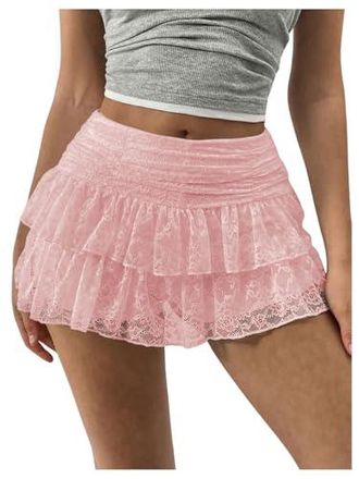 ORANDESIGNE Jupe Dentelle Short Femme Y2K Mini Jupe Sexy Volants Skirt Courte Streetwear F&ecirc;te de Carnaval A Rose S