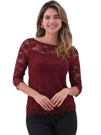 Allegra K Haut en Dentelle Florale Femme Manches 3/4 Col Rond Chemisier D&eacute;contract&eacute; &Eacute;l&eacute;gant Blouse en Dentelle Rouge fonc&eacute; S