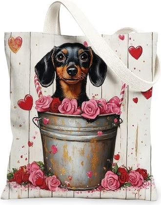 Generic Sac fourre-tout en toile motif teckel pour le shopping 33 x 38 cm, sac &agrave; bandouli&egrave;re r&eacute;utilisable pour femme, peinture danimaux domestiques, d&eacute;coratio