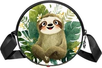 Generic Sac &agrave; bandouli&egrave;re rond pour femme, motif paresseux feuilles vertes tropicales, petit sac &agrave; bandouli&egrave;re avec fermeture &eacute;clair, bretelles r&eacute;glables, sac