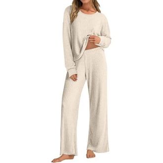 Generic Ensemble de d&eacute;tente en tricot c&ocirc;tel&eacute; pour femme, ensemble de nuit d&eacute;contract&eacute; en tricot pour femme, ensemble de pyjama dhiver, ensemble de d&eacute;tente &agrave; m