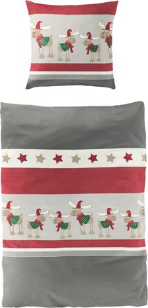 BIERBAUM Biber Bettwäsche 3429 Rot Grau Rentiere 140x200 + 70x90 cm