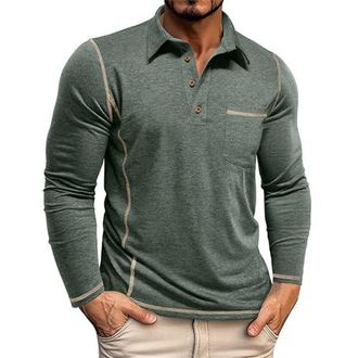 Generic T-shirt &agrave; manches longues pour homme - Col polo &agrave; manches longues - Avec boutonni&egrave;re - Coupe confortable - Stretch - Chemise daffaires pour homme - Co