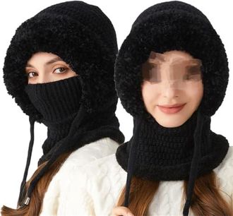 Generic Bonnet dhiver en peluche 3 en 1 pour femme - &Eacute;charpe et masque - Mode loisirs - Garde au chaud, Noir, Taille unique