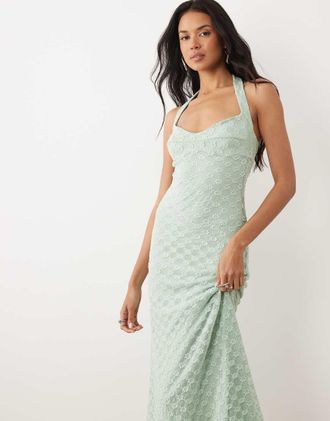 Bardot Mariko - Exklusives Neckholder-Midikleid aus gebl&uuml;mtem Netzstoff in Salbeigr&uuml;n