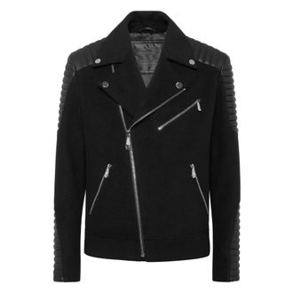 Philipp Plein Woll-Bikerjacke mit Leder-Eins&auml;tzen - - Jackets - Herren - Schwarzk - XL