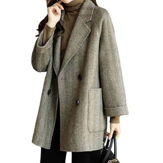 Generic Manteau dhiver mi-long en laine pour femme, caban crois&eacute; &agrave; revers crant&eacute;, veste chaude, marron, taille XX-Large