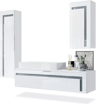 Vladon Badmöbel Komplettset Aloha, Made in Germany, Korpus in Weiß matt/Fronten in Weiß Hochglanz mit Absetzungen in Grau Hochglanz, mit Aufsatzwaschbecken