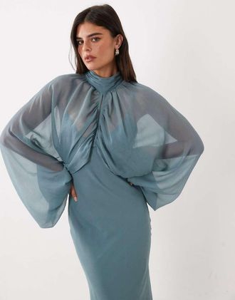 Asos robe longue bleu acier avec top caraco en biais sous superposition &agrave; ouverture goutte et manches blouson