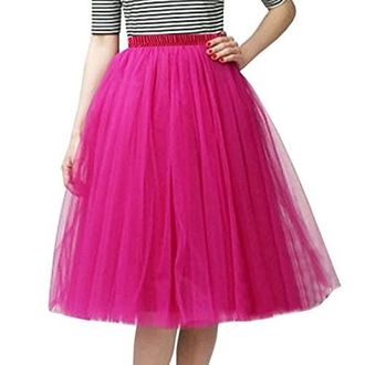 Generic Jupe en tulle pour femme - Taille &eacute;lastique - Jupe d&eacute;t&eacute; &eacute;l&eacute;gante - Couleur unie - Opaque - Jupe en tulle bouffante - Jupe midi rockabilly - Longueur g