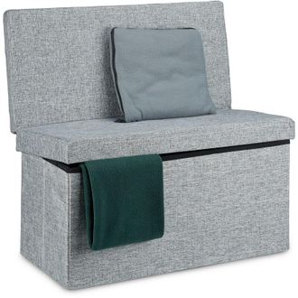 Relaxdays Tabouret de rangement pliant en lin avec dossier appui-dos coffre pouf h x l p: 73 x 76 x 38 cm, gris - Relaxdays