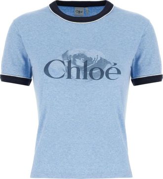 Chlo&eacute; Femme, Tops, Bleu, Taille: 40 FR Logo Print Cotton T-Shirt