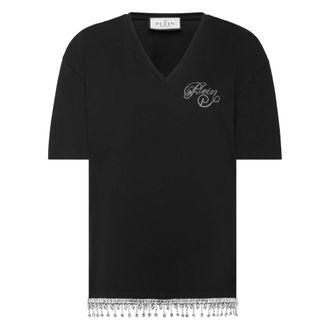 Philipp Plein Femme, Tops, Noir, Taille: 38 FR T-Shirt V-Neck Ss Signature