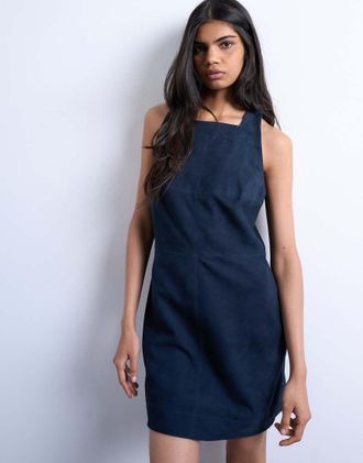 Topshop Robe courte à encolure américaine carrée en daim véritable - Bleu marine