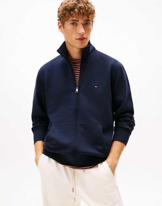 Tommy Hilfiger Fleece-Sweatshirt in Hellgrau mit Stehkragen und durchgehendem Rei&szlig;verschluss-Blau
