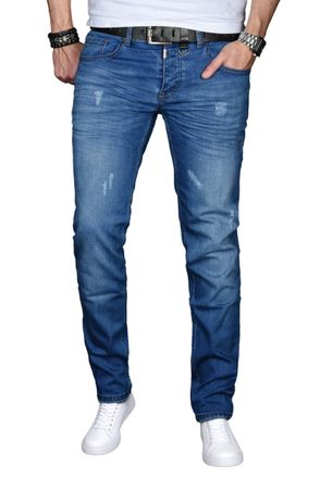 Alessandro Salvarini Herren Slim Fit Jeans Hose Denim Stretch-Jeans Jeanshose Washed [AS033 - Blau - Used - W31 L30]