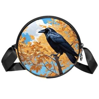 Generic Sac &agrave; bandouli&egrave;re rond pour femme, petit sac &agrave; bandouli&egrave;re avec fermeture &eacute;clair, bretelles r&eacute;glables, style d&eacute;contract&eacute;, motif corbeau