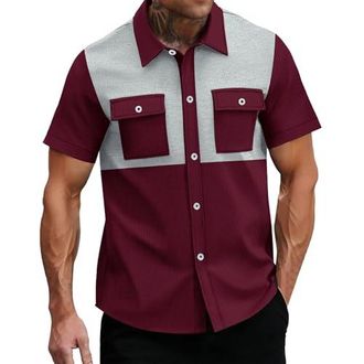 Generic Chemise daffaires pour homme, chemise gaufr&eacute;e aux couleurs contrast&eacute;es, chemise formelle &agrave; revers chemise boutonn&eacute;e tendance &agrave; manches courtes haut d&eacute;
