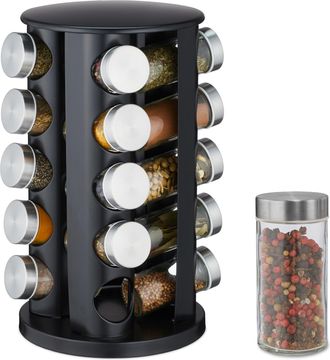 Relaxdays Gewürzkarussell, 20 Gewürzgläser, 80ml, mit Streueinsatz, drehbar, nachfüllbare Gewürzbar, Edelstahl, schwarz