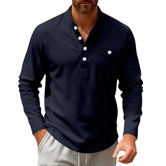 Generic Chemise &agrave; manches longues pour homme avec poche Henley - Col montant - Chemise boutonn&eacute;e d&eacute;contract&eacute;e et respirante - T-shirt de travail uni - Coupe r