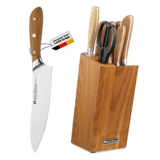 Greta Magnusson-Grossman Niagara Messerblock 7-teilig - Karbonisiertes Eschenholz in Ockerbraun - K&uuml;chenmesser Set aus deutschem Edelstahl - rutschfester Messerhalter - edles 