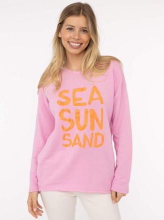 Zwillingsherz Sweater Sea Sand Sun Flock-Print, ausgefranster Rundhalsausschnitt, Langarm