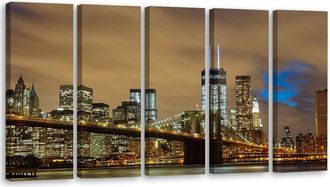 Feeby Wandbild XXL 5-teilig 150x60 cm NY Brooklyn-Brücke USA Leinwandbild Wandbild Kunst Bilder Schlafzimmer Skyline Manhattan bei Nacht New York City Beige