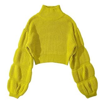 Generic Pull court d&eacute;contract&eacute; &agrave; col roul&eacute; pour femme, coupe d&eacute;contract&eacute;e, manches lanternes, pull en tricot c&ocirc;tel&eacute; rouge, taille S pour le quotidien, le trav