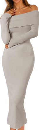 Merokeety Damen Winter Schulterfrei Bodycon Pullover Kleid Formell Langarm Elegant Cocktail Party Midi Maxikleider, Grau, X-Gro&szlig;