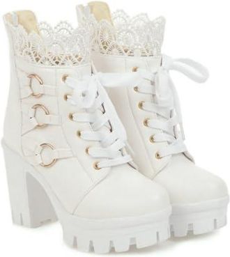 Generic Bottines de Cheville Femme à Lacets et Garniture de Dentelle Bottines Courtes à Talon épais et Plateforme pour Style Gothique et Doux,Blanc,38 EU