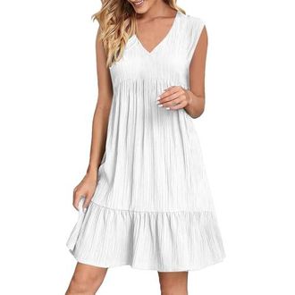 Generic Robe d&eacute;t&eacute; sans manches pour femme - Col en V - D&eacute;contract&eacute;e - Volants - Ligne A - Swing - 2025, Blanc., XXL