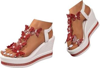 Generic Sandales compens&eacute;es pour femme - Motif papillon et strass &eacute;tincelants - Chaussures orthop&eacute;diques avec bride en T - Bout ouvert - Antid&eacute;rapantes - Styl