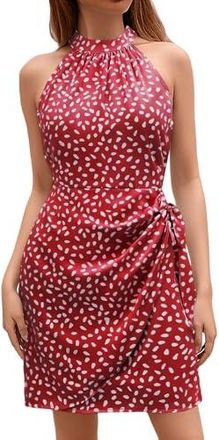 Generic Robe d&eacute;t&eacute; pour femme - Imprim&eacute; &agrave; pois - Robe d&eacute;contract&eacute;e &agrave; nouer &agrave; la taille - Robe d&eacute;contract&eacute;e avec fermeture &eacute;clair dans le dos - Robe d&eacute;t&eacute; boh&egrave;me