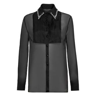 Philipp Plein Femme, Blouses et Chemises, Noir, Taille: 40 FR Organza Regular Collar Strass Shirt