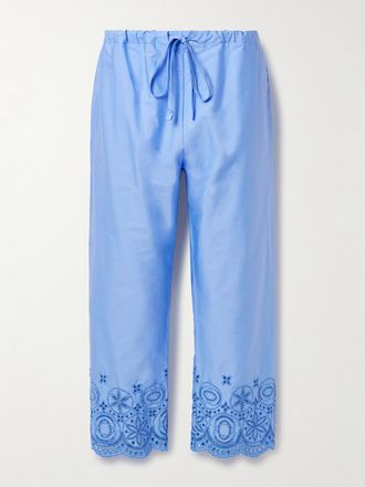 La DoubleJ Pantalon Droit En Popeline De Coton M&eacute;lang&eacute; &Agrave; Broderie Anglaise - Bleu