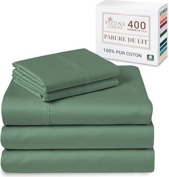 Pizuna Coton Peign&eacute; Parure de Lit 180x200 cm Complet Haie Verte, 100% Coton Longue Dur&eacute;e 400 Fils Armure Satin Comprend 1 Drap Housse, 1 Drap Plat, 2 Taie do