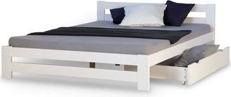 Homestyle4u 1962, Holzbett 140x200 mit Bettkasten, Doppelbett mit Lattenrost, Weiss, Kiefer Massivholz