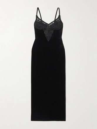 Self Portrait Midikleid Aus Samt Mit Spitzenbesätzen - Schwarz