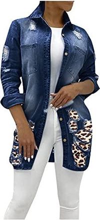 Generic Vestes en jean pour femmes, veste d&eacute;contract&eacute;e &agrave; revers boutonn&eacute;, manches longues, poche, motif l&eacute;opard, chemise en jean vieillie, manteau pour adoles