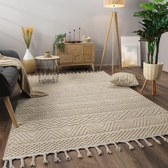Paco Home Tapis Salon Chambre Adulte Poils Ras Motif Boho Motif Scandinave Franges, Dimension:160x220 cm, Couleur:Cr&egrave;me