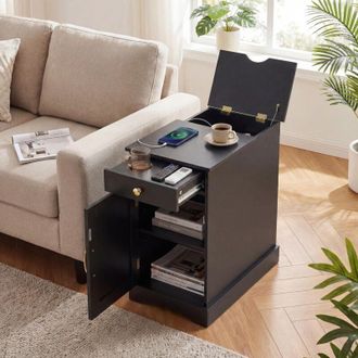 Costway table de chevet de lit table de nuit dappoint pour adulte bout de canap&eacute; en bois blanche connect&eacute;e petite etroite avec prise int&eacute;gr&eacute;e plateau de tas