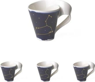 Villeroy & Boch NewWave Stars Becher mit Henkel, formsch&ouml;ne Tasse mit L&ouml;we-Motiv, Premium Porzellan, sp&uuml;lmaschinengeeignet, wei&szlig;/blau, 300 ml (Packung mit 4)