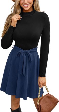Cupshe Damen Herbst Winter Kleid Rundhals Langarm Zweifarbig Freizeitkleider mit Bindeg&uuml;rtel Elegant Party Mini Dress Blau XL