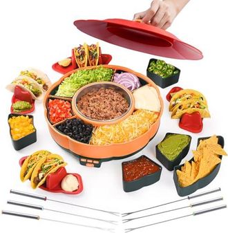 Generic Service de Bar &agrave; Tacos Lazy Susan, Kit Tacos Rotatif &agrave; 360&deg; avec 6 Plateaux Amovibles & 4 Supports &agrave; Tacos, Contr&ocirc;le de Temp&eacute;rature 3 Niveaux pour Tac