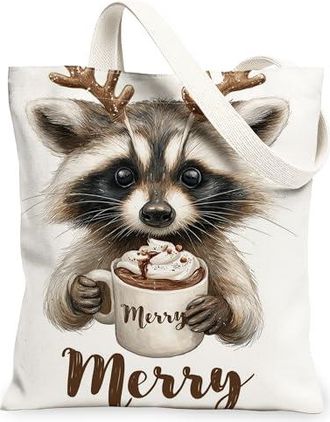 Generic Sac fourre-tout en toile avec imprim&eacute; animal mignon - R&eacute;utilisable - Pour lhiver - L&eacute;ger et lavable - Pour lhiver, blanc, 13x15 Inch