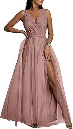TOMWELL Robe de Cocktail Femme Élégante Col en V Longue Party Dress Sexy Chic Tulle à Paillettes A-Line Soirée Couleur Unie B Rose XXL